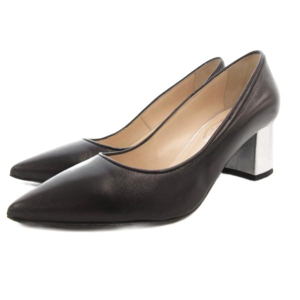 リュデラポンプ 14 RUE DELA POMPE 14 パンプス チャンキーヒール レザー 35.5 黒 ブラック シルバーカラー /GV ■GY43 レディース【表記サイズ】35.5【実寸サイズ】ヒールの高さ：5cm　最大幅：7.5cm...