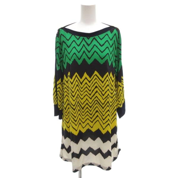 CLAUD EMICHEL クロード ミシェル ミニワンピース M 緑 グリーン 黄 イエロー ジグザグ 総柄 ボタン /FF レディース【表記サイズ】M【実寸サイズ】肩幅：36cm　身幅：48cm　袖丈：44cm　着丈：77cm　　【素材...