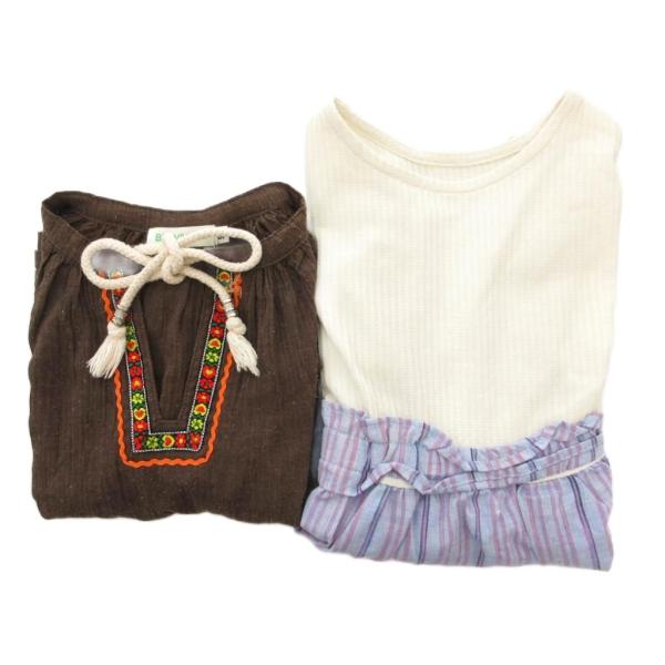 ビームス BEAMS ：mini 2点セット スモック チュニック ワンピース 半袖 ノースリーブ 茶 ブラウン 白 ホワイト 水色 ライトブルー /NU【ブランド】ビームス BEAMS【表記サイズ】90【実寸サイズ】※セット販売のため実寸...