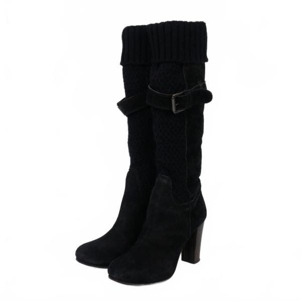 オブジェクツインミラー Objects in Mirror ニット切替 ロングブーツ スエードレザー 36 黒 ブラック レディース【表記サイズ】36【実寸サイズ】筒周り：26cm　筒高：36cm　ヒールの高さ：9cm　足首：23.5cm　...