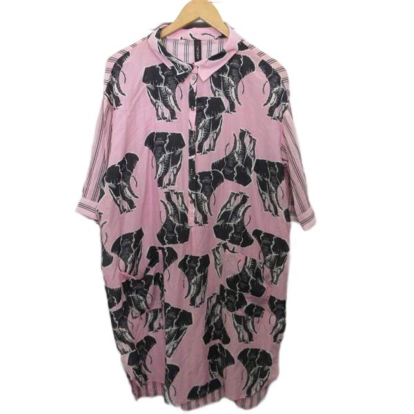 マークケイン MARC CAIN シャツワンピース 半袖 ミモレ ロング ストライプ アニマル柄 総柄  2 ピンク 黒 ブラック  レディース【表記サイズ】2【実寸サイズ】肩幅：約57cm　身幅：約61cm　袖丈：約29cm　着丈：約97...