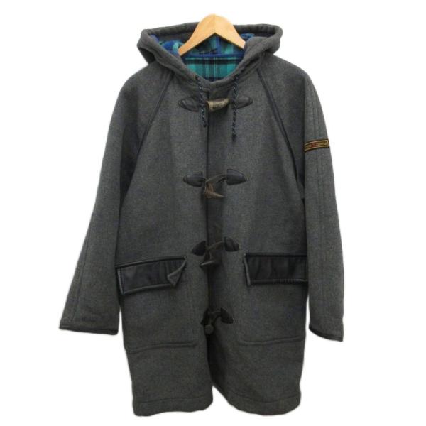 デニス コナー DENNIS CONNER ダッフルコート オーバーサイズ ロング丈 裏地チェック レザー 牛革 ウール M グレー ■MET2 メンズ【表記サイズ】M【実寸サイズ】身幅：約62cm　着丈：約87cm　ゆき丈：約85cm　　...