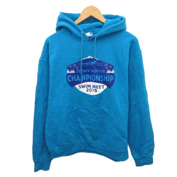 ジャージーズ JERZEES パーカー フーディー プルオーバー プリント M 水色 ■MET2 【表記サイズ】M【実寸サイズ】肩幅：約55cm　身幅：約55cm　袖丈：約61cm　着丈：約66cm　　【素材】綿 ポリエステル【色】水色【状...