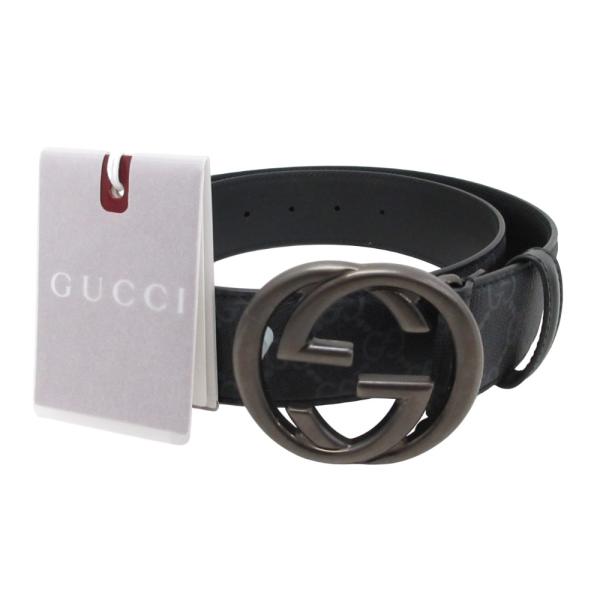 未使用品 グッチ GUCCI タグ付き インターロッキングG バックル付き ベルト ロゴ レザー 黒 ブラック ★AA☆ メンズ【ブランド】グッチ GUCCI【実寸サイズ】最小ウエスト：約76cm　最大ウエスト：約85cm　全長：約97cm...
