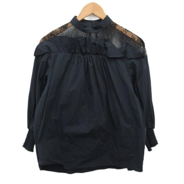 STAIR ブラウス シャツ 長袖 シアー レース切替 ST9S177 紺 ネイビー 1 【表記サイズ】1【実寸サイズ】肩幅：47cm　身幅：53cm　着丈：60cm　袖丈：38cm　　【素材】綿、ポリエステル、ポリウレタン【色】紺 ネイビ...
