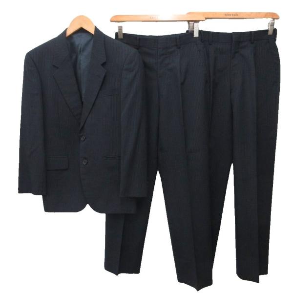 エフワン FONE スーツ セットアップ フォーマル テーラードジャケット スラックス シングル ストレート ストライプ ウール 紺 ネイビー【表記サイズ】サイズ表記なし(実寸サイズをご参考ください。)【実寸サイズ】ジャケット 肩幅：約41...