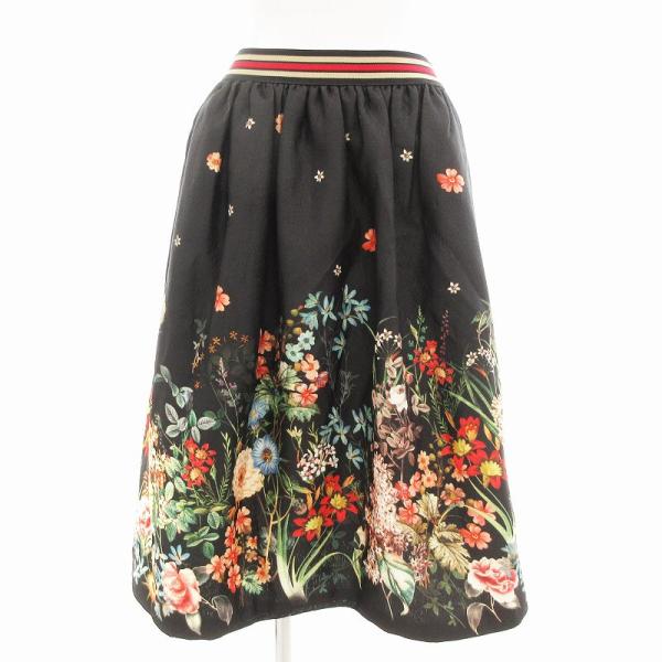 キムズブティック Kim's Boutique フレアスカート イージー 花柄 ひざ丈 黒 ブラック /AE レディース【表記サイズ】サイズ表記なし(実寸サイズをご参考ください。)【実寸サイズ】ウエスト：約62-94cm　ヒップ：約116c...