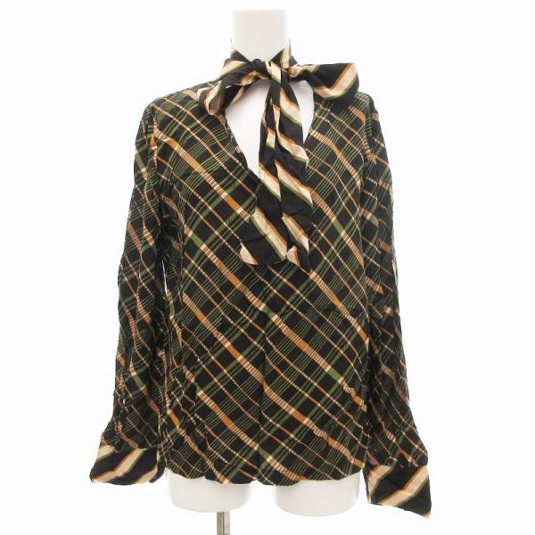 ラフェマラブーテ la fee maraboutee ボウタイブラウス 長袖 リボン チェック ストライプ 38 緑 グリーン /JS レディース【表記サイズ】38【実寸サイズ】肩幅：約41cm　身幅：約51cm　袖丈：約60cm　着丈：約...