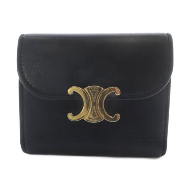 セリーヌ CELINE スモール フラップウォレット トリオンフ シャイニーカーフスキン 財布 三つ折り ブラック /YO15【ブランド】セリーヌ CELINE【実寸サイズ】ヨコ：10cm　タテ：9cm　マチ：2.5 cm　　【素材】シャイ...