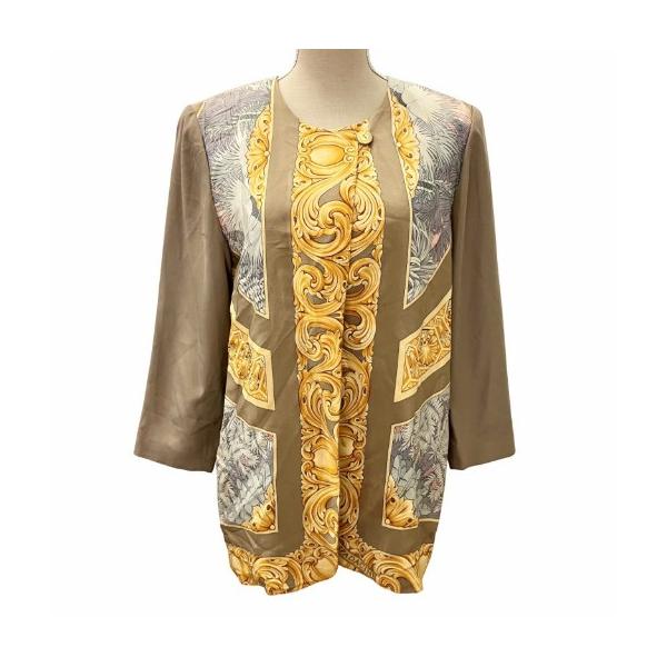 スパダチーニ SPADACINI ヴィンテージ ノーカラージャケット コート 総柄 ボタニカル柄 切替 9A3 約M ベージュ 系 0904 レディース【表記サイズ】9A3（日本サイズ約M)【実寸サイズ】肩幅：41cm　身幅：57cm　袖丈...