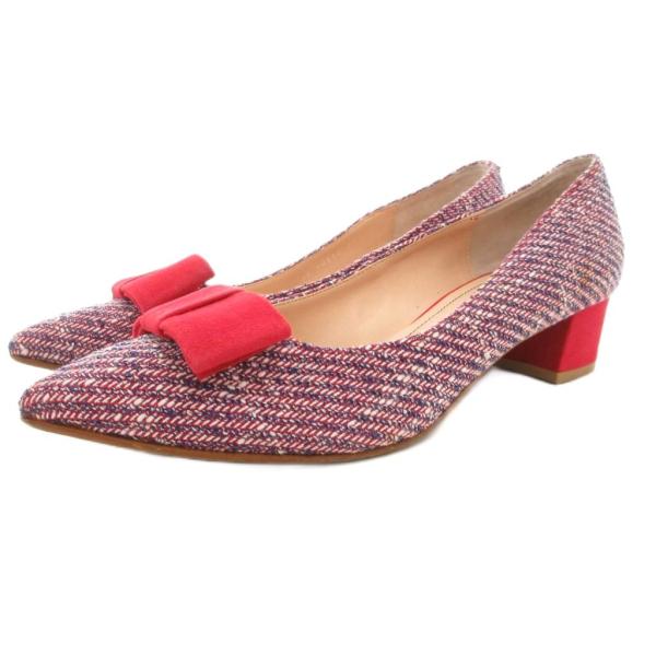 ダイアナ DIANA ツイード パンプス チャンキーヒール ポインテッドトゥ リボン スエード 24.5cm 赤 レッド 青 ブルー /GV ■YHS13【ブランド】ダイアナ DIANA【表記サイズ】24.5【実寸サイズ】ヒールの高さ：4c...