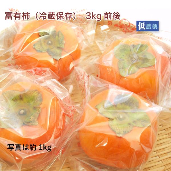 富有柿（冷蔵貯蔵）　3kg前後　低農薬栽培　産地：奈良大玉　甘い柿　カリッとした歯ごたえ　カキ　かき　