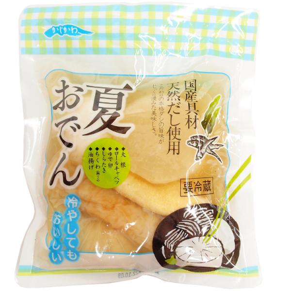 暑い時期に冷やしておいしく食べられるように余計な物を使わず煮干しと昆布と鶏エキスで塩味で仕上げました。あっさりとした中にも、だし感の利いたコクのある味で、温めても、冷やしても美味しいです。名称：煮物　原材料：大根、ロールキャベツ、ゆで卵、結...