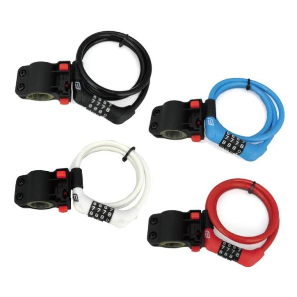 シートポストに取付けできるブラケット付き小型ダイヤルロック■カラー：ブラック、ホワイト、レッド、ブルー■ロック方式：4桁マイセットダイヤル■サイズ：ワイヤー径8mm X 長さ90cm ■ブラケット付※ 仕様及び外観は、改良のために予告なく変...