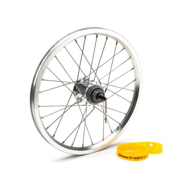 ■BSR - ブロンプトン標準比リアホイール■カラー：シルバー■ホイールサイズ：16インチ（ETRTO 349)■スポーク数：28■ハブ：Sturmey Archer Alloy製■リム素材：アルミニウム■互換性：Brompton 3速モデ...