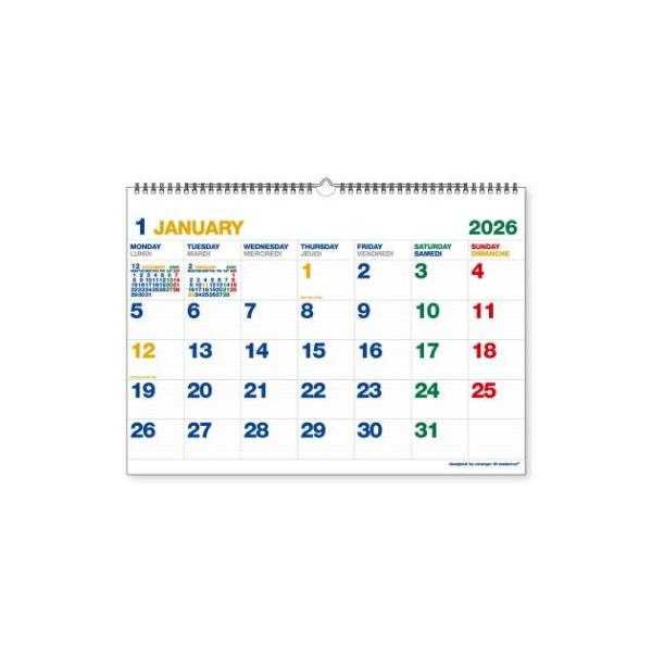 スケジュール おしゃれ カレンダー シンプル デザイン2026年1月?12月のカレンダー。月曜始まり。視認性を高める役割もある4カラーとグレーでデザインした、書き込めるカレンダー。文字色：日曜日-レッド、祝祭日-オレンジ、土曜日-グリーン、...