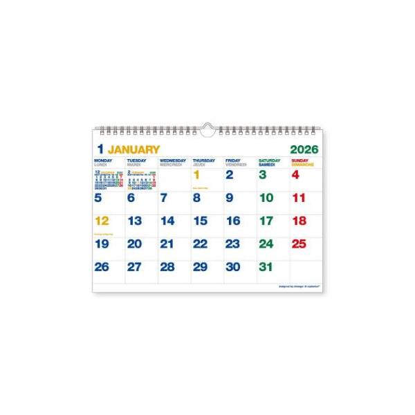 スケジュール おしゃれ カレンダー シンプル デザイン2026年1月-12月のカレンダー。月曜始まり。視認性を高める役割もある4カラーとグレーでデザインした、書き込めるカレンダー。文字色：日曜日-レッド、祝祭日-オレンジ、土曜日-グリーン、...