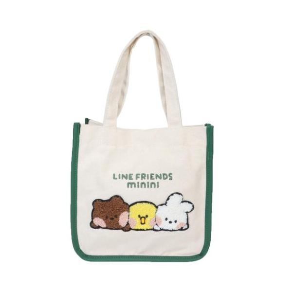 通勤 通学に大活躍不思議な可愛さが魅力の[LINE FRIENDS minini]グッズにまたまた可愛いnewアイテム登場こちらは使いやすい[トートバッグ]ちょっとしたお出かけに便利なサイズ感ですもこもこフワフワのサガラ刺繍が可愛いペットボ...