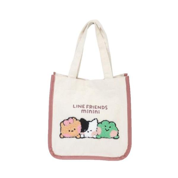 通勤 通学に大活躍不思議な可愛さが魅力の[LINE FRIENDS minini]グッズにまたまた可愛いnewアイテム登場こちらは使いやすい[トートバッグ]ちょっとしたお出かけに便利なサイズ感ですもこもこフワフワのサガラ刺繍が可愛いペットボ...