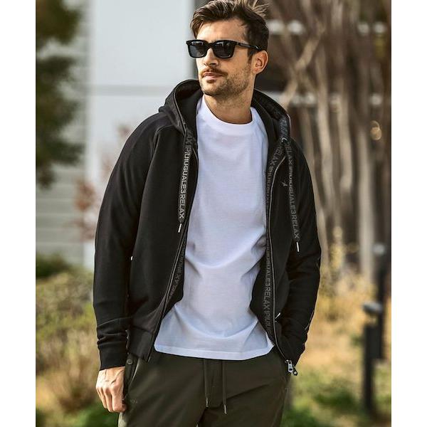 1PIU1UGUALE3 RELAX パイピングロゴワイドスピンドルパーカー ブラック