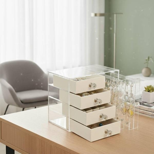 引き出し付きアクセサリーケース指輪、ピアス、イヤリング、ネックレス、腕時計などたっぷり収納できる引き出し付きのアクセサリーケースです。４つの引き出しと２つのクリアスタンドで、アイテムごとにスッキリ仕分けできます。イヤリング・ピアスは１つずつ...