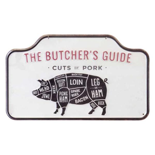 アンティーク調のアメリカンな金属製壁飾りです★レストランや肉屋さんに飾ってありそうなショップ仕様の嬉しいデザイン♪★詳しくは商品説明欄をご覧ください。ぶたさん CUTS OF PORK エンボス加工 レトロ調 金属製壁飾り メタルプレート ...