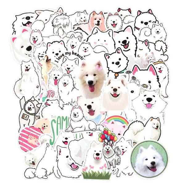 メール便送料無料♪たっぷり５０枚セット♪サモエドのかわいいイラスト仕上げのステッカーです★色々な柄のサモエドがポップでかわいいですよね♪★詳しくは商品説明欄をご覧ください。サモエド 雑貨 ステッカー５０枚セット コート紙製 犬 ペット シベ...
