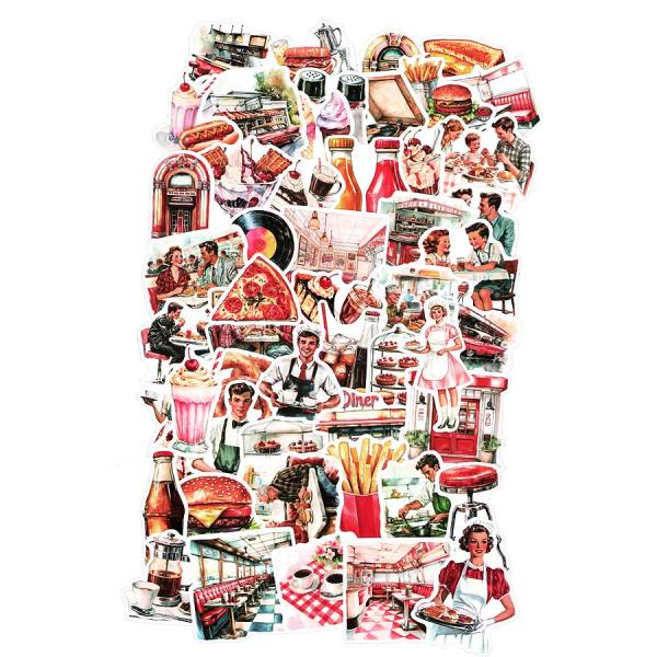 たっぷり５２枚セット♪いわゆるミッドセンチュリー、古き良き時代のアメリカンダイナーをテーマにしたアメリカン柄のたっぷり５２枚セットのステッカーです★どこか懐かしい感じでノスタルジックな雰囲気が嬉しいですよね♪あなたもこんなステッカーで色々な...