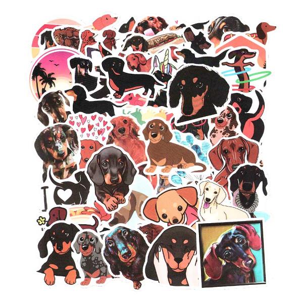 メール便送料無料♪１０００円ぽっきり・お得セット★たっぷり５３枚セット♪ダックスフンドのかわいいイラスト仕上げのステッカーです★色々な柄のダックスちゃんがポップでかわいいですよね♪★詳しくは商品説明欄をご覧ください。ダックスフンド 雑貨 ス...