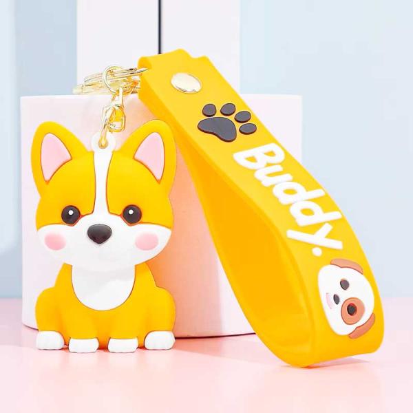 かわいくデフォルメされたコーギーのキーホルダーです。このデフォルメが最高ぉーにポップでかわいらしいですよね★本体はしっかりとした立体的な作りになっていておすわりポーズで自立立ちいたします★ラバー製のストラップ部分の「Buddy（バディ）」は...