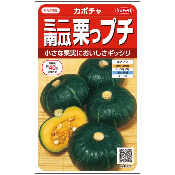 甘くてホクホク、手のひらサイズの使いやすいミニカボチャです。果実は黒緑色、500〜600g、1つるに3〜4果着きます。電子レンジで加熱しただけでおいしく食べられます。