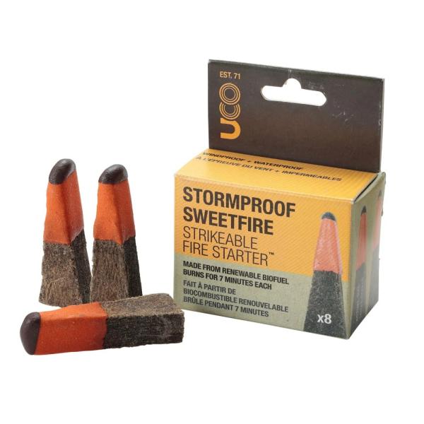 STORMPROOF SWEETFIRE. STRIKEABLE FIRE STARTER.サトウキビの搾りかすであるバガスを原料にして作ったエコな着火材。風と濡れに強く、いかなる状況でも優れた焚付として活躍します。1個で約7分間燃焼します...
