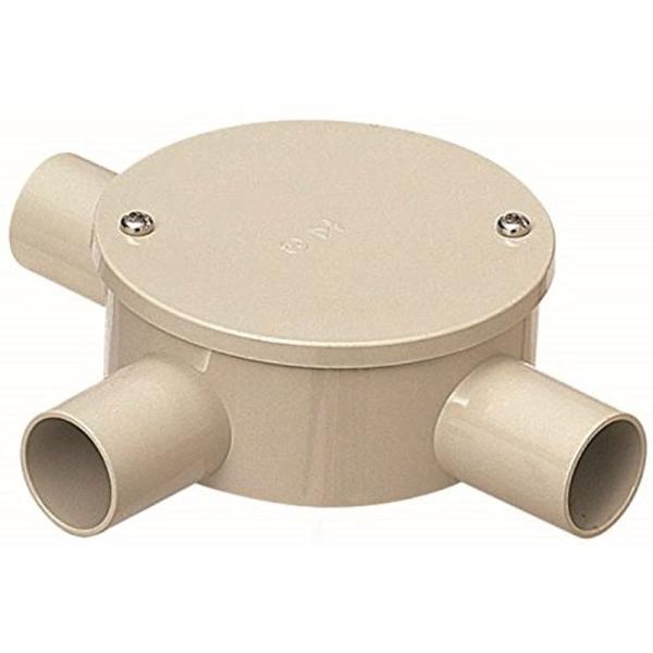 【商品名】　未来工業 露出用丸型ボックス カブセ蓋 3方出 適合管:VE14 ベージュ PVM14-3KJ 【商品説明】　・Body Color: Beige・Compatible Tubes: VE14・Dimensions: D1:22...