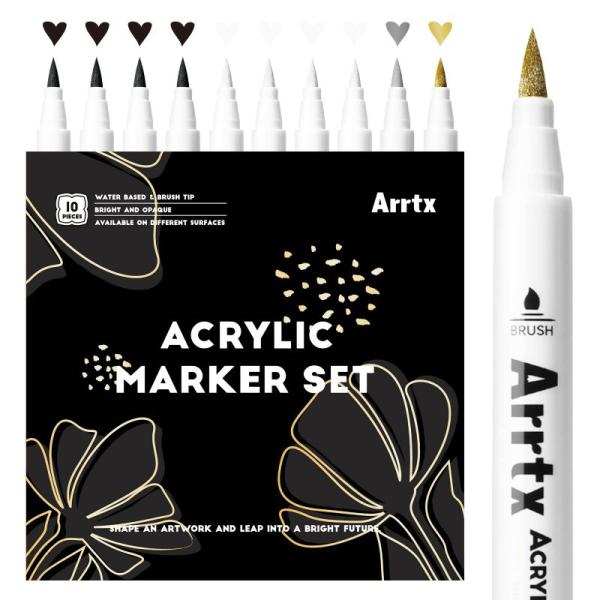 【商品名】　Arrtx アクリルペイントペン 10 パック (黒4 白4 金1 銀1)、水性ペン ペイントマーカー カラーペン ソフトブラシチップ 細筆 【商品説明】　・[10本のアクリルペイントペン】黒4本、白4本、金1本、銀1本、合計1...