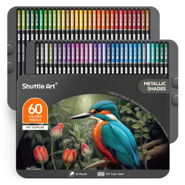 【商品名】　Shuttle Art 色鉛筆 60色セット メタリック きらきら カラーペン グリッター 大人の塗り絵 イラスト デザイン スケッチ 落書 【商品説明】　・【メタリック色鉛筆】キラキラに発色する色鉛筆60色セットです。金属色で...