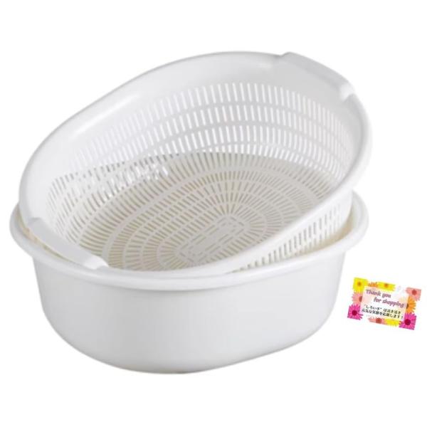 【商品名】　日本製 オーバル型洗い桶・ざるセット 食器野菜 果物 洗浄浸け置きに たっぷり洗える5.3L (ホワイト) 【商品説明】　・【オーバル型ざる】野菜の水切りや、食器の水切りに便利な大型のざるです。・【オーバル型洗桶】野菜を洗う際や...