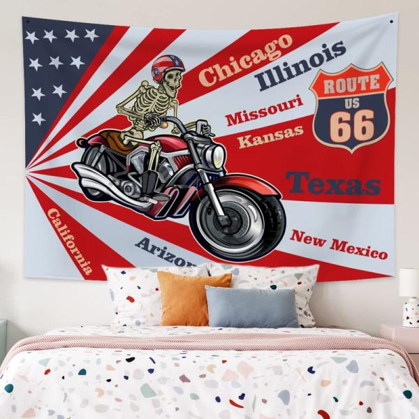 【商品名】　Qinunipoto タペストリー ルート66 route66 バイクの髑髏 アメリカン 米国 180x120cm アート デコレーション  【商品説明】　・?y?D???i???E?I?[?_?[???C?h??￥?z?^?y...