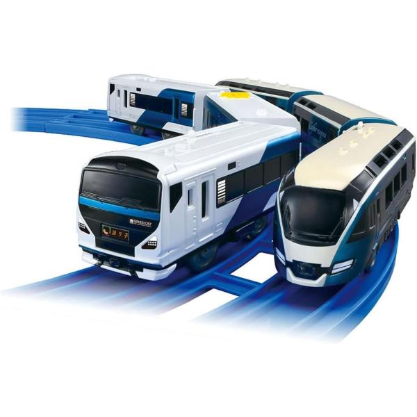 「E257系踊り子」と「サフィール踊り子」のダブルセットが登場です。E257系踊り子はサフィール踊り子に合わせたペニンシュラブルーを基調としたカラーを再現しており、サフィール踊り子には付属のプラキッズをのせて遊ぶことができます。 　※レール...