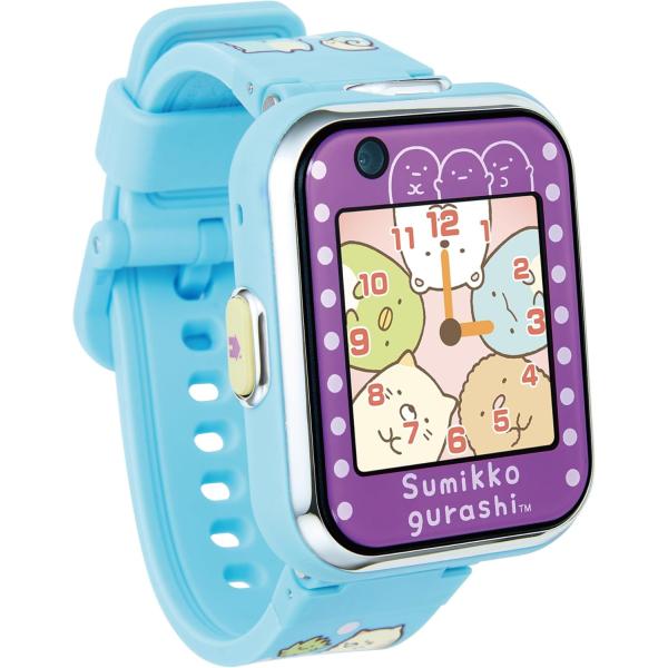すみっコぐらしのいつでも身に着けて遊べるスマートウォッチのブルーver.になります。かわいいすみっコのゲームはもちろん、写真や動画も撮影できて、アラームなどの実用アプリもいっぱいの、楽しく使えるスマートウォッチ。