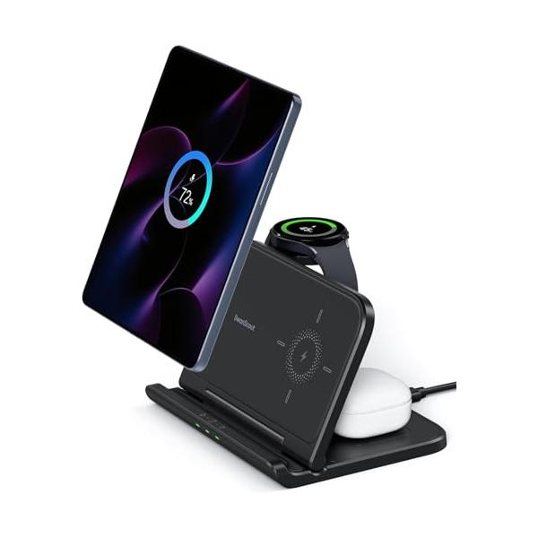 折りたたみ式携帯電話用に設計：Galaxy Z Fold 7/6/5/4/3&amp;Pixel 9 Pro Foldシリーズのために設計した充電スタンド。スマートウォッチはGalaxy Watchのみに対応。スマホが折りたたんでも広げても...