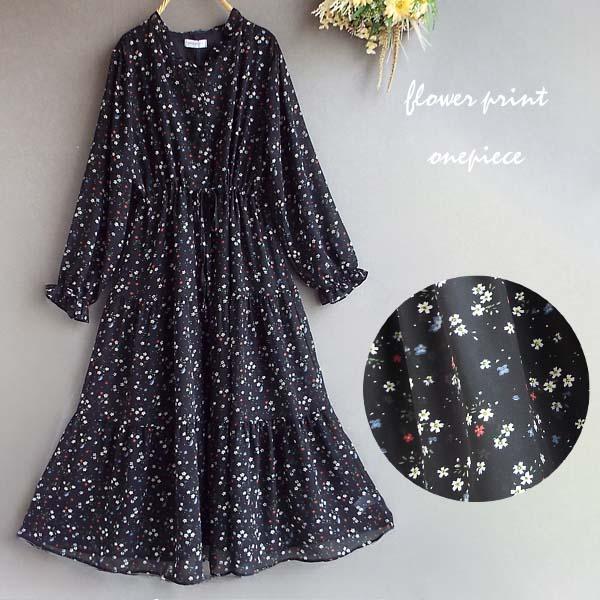 〓〓〓〓〓〓〓〓人気の合繊のサラサラ素材のデザインワンピース襟元のV襟フリルデザインおしゃれなスタイルふわっとしたナチュラルなデザインがおしゃれ★袖口はリブデザインでふわりスリーブが可愛いデザイン可愛いお花柄春夏のおしゃれワンピース重ね着ス...