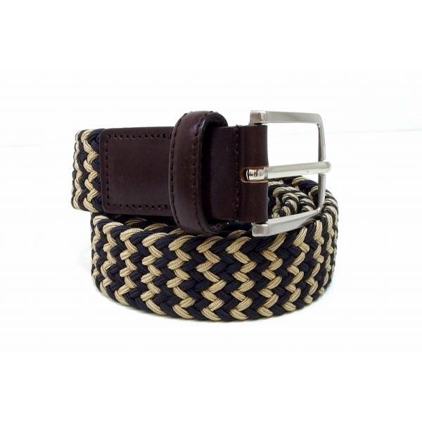 【商品名】【HECHO EN ESPANA】 メンズ メッシュベルト スペイン製 【カラー】ネイビー×ベージュ【サイズ】全長 ・93ｃｍベルト幅 ・3ｃｍ【素材】化学繊維×レザー【コンディションレベル】AA・（美品） [全体］状態の良い安心...