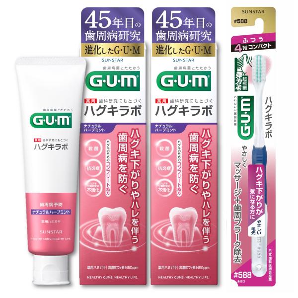 【商品名】　GUM(ガム) 医薬部外品 ハグキラボ 歯周病予防 歯茎下がり 薬用ハミガキ 歯磨き粉 デンタルペースト ナチュラルハーブミント (CPC配 【商品説明】　・内容量 85g×2本・原材料: 基剤:ソルビット液/湿潤剤:濃グリセリ...