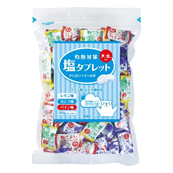 【商品名】　赤穂化成 灼熱対策塩タブレット 500g 【商品説明】　・1粒2.2gあたり：熱量7.8kcal、たんぱく質0g、脂質0.03g、炭水化物1.9g、食塩相当量0.07g、カリウム8mg、カルシウム0.9mg　クエン酸113mg・...