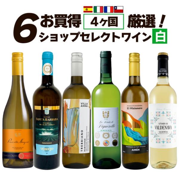 お買得ショップセレクトワイン お得すぎる白ワイン 6本セット 4カ国飲み比べ 【内容】750ml☆レ・オー・ド・ピケール 23 ACボルドー(白：辛口)☆カスティーリョ サンタ・バルバラ 白 ベルデホ(白：辛口)●セニョリオ・デ・バルデナー...