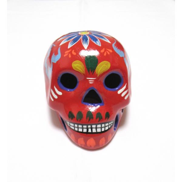 ■ペルーカラベラヘッド、スカルです。■サイズ：　高さ約9cm　全長約12.5cm　横幅約10cm■材　質：陶器■色：赤・レッド■両目、鼻は穴があいています。■あごの横には右２ヶ所、左に２ヶ所には穴があいています。■又は裏側直径約2cm前後の...