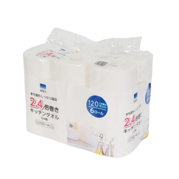 ■素材パルプ100％■原産国日本■採寸6ロール:1ロールあたり120カット(2枚重ね)、入数6ロール特長●水も油もしっかり吸収　2.4倍巻※品質向上のため予告なく仕様を変更する場合がございます。パッケージのリニューアル等につき、商品画像が異...