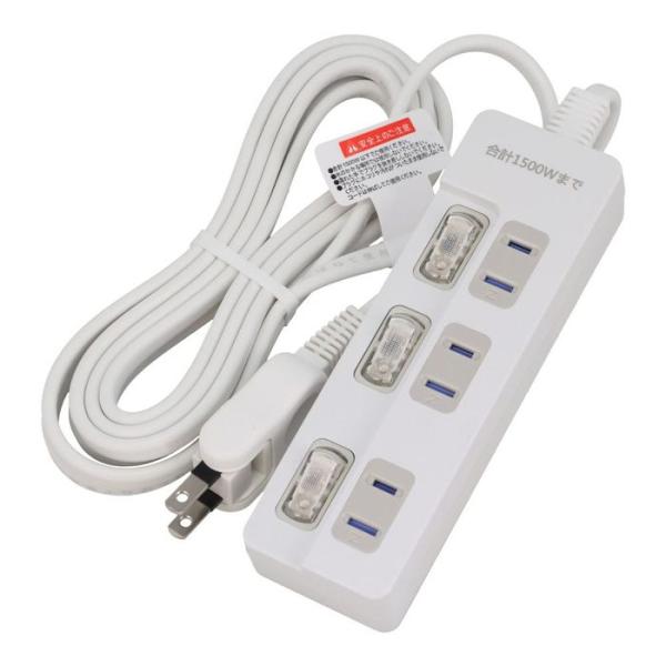 ■採寸3.0m:タップ部サイズ 幅150×奥行50×高さ30mm、コード長さ3ｍ、定格AC125V 15A、合計1500Wまで、口数3個口、使用温度範囲-10℃~+40℃、仕様屋内専用