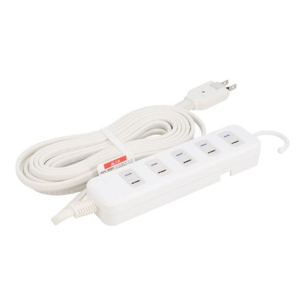 ■原産国中国■採寸5.0m:定格15A　AC!125V、コード長5m、口数5個口、フック耐荷重約1.5kg　※フック部分にかかる耐荷重になります、使用温度範囲0℃〜＋40℃