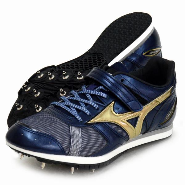 MIZUNO フィールドジオ AJ JAPAN(走幅跳／三段跳／棒高跳) 万能型（走幅跳・三段跳・棒高跳）跳躍専用モデル。オールウェザーフィールド専用／跳躍用■カラー：01:ネイビー×ゴールド■サイズ：23.0〜29.0cm■甲材：人工皮革...